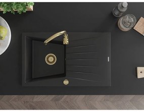 Mexen Cesar, granitový dřez 775x470x190 mm, 1-komorový, černá se zlatým sifonem, 6514771010-77-G