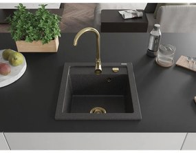 Mexen Vito, granitový dřez 520x490x210 mm, 1-komorový, černá skvrnitá se zlatým sifonem, 6503521000-76-G
