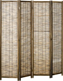 HOMCOM 4-panelový skládací paravan 160 cm x 1.8 cm x 170 cm Rustikální dřevěný a rákosový oddělovač místností pro kancelář, ložnici, obývací pokoj | A