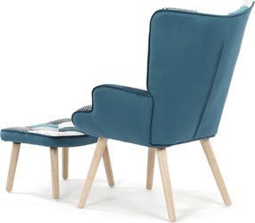 Relaxační křeslo ušák s podnožkou LYRO - modrá patchwork látka