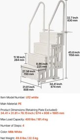 4-stupňový bílý žebřík do bazénu se 2 madly Podporuje 181,4 kg pro 48-54 V bazény