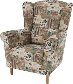 relaxační křeslo, ušák, dřevo/látka, nohy světlé/potah patchwork viorica 1, Tempo Kondela CHARLOT
