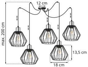 Závěsné svítidlo Nuvola Spider 4, 5x černé drátěné stínítko, ch
