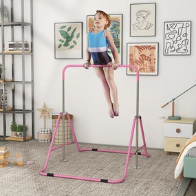 Skládací hrazda HOMCOM pro děti 3-8 let, gymnastická hrazda s 5 nastavitelnými výškami a ocelovou konstrukcí, 154x106,2x88,5-128,5 cm, Růžová