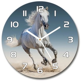 Wallmuralia Skleněné hodiny kulaté Bílý kůň ve cvalu fi 30 cm