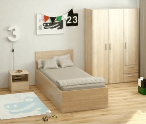 Postel s kovovým roštem a úložným prostorem, 90x200, dub sonoma, DOLI