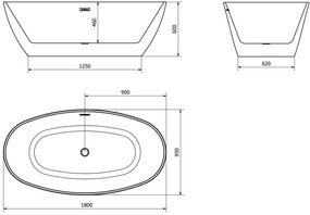 Mexen Eris, volně stojící vana 180 x 95 cm + černá zátka a sifon automat, bílá-černá, 53441809575-B