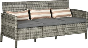Třímístná zahradní ratanová pohovka Outsunny s polštáři, ocelový rám, šedá barva, 173 x 68 x 78 cm, ideální na terasu a balkon |