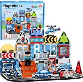 LEAN Toys Magnetické stavební kostky – Policejní základna, vozidla, policista, 44 dílů