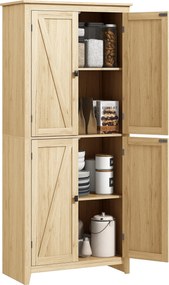 HOMCOM Moderní 4-dveřový kredenc s nastavitelnými policemi a zvýšeným podstavcem, Dřevěný kuchyňský kabinet, 80x40x182 cm, Dřevěná barva | Aosom