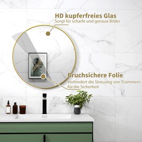 HOMCOM Kulaté Zrcadlo, Koupelnové Zrcadlo, Průměr 70 cm, Kovový Rám, Nástěnné Zrcadlo, Snadná Instalace, pro Ložnici, Obývací Pokoj, Předsíň, Zlaté