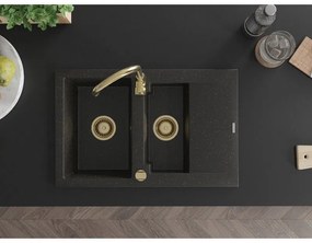 Mexen Gaspar, granitový dřez 737x475x177 mm, 1,5-komorový, černá-zlatá metalíza se zlatým sifonem, 6507731505-75-G