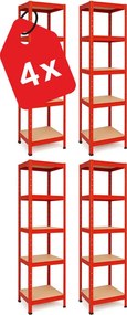 Regál 180x40x40 cm lakovaný 5-policový, nosnost 875 kg - červený - 4ks