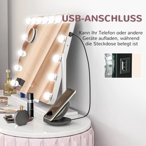 HOMCOM LED kosmetické zrcadlo, 3 světelné režimy, stmívatelné, dotykové ovládání, USB, 62,5 x 49,5 cm, bílé