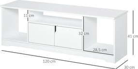 HOMCOM TV Stánek pro TV do 42" Moderní TV Stánek s Dvojitými Dveřmi a 3 Otevřenými Přihrádkami 120x30x41cm Bílý