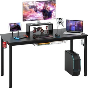 Costway Psací stůl 140 cm s policí na monitor, s držákem na nápoje, háček