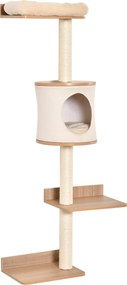PawHut Nástěnný kočičí strom 38x30x149 cm s vícero dřevěnými platformami, jeskyní, horní postelí, odnímatelným polštářem, sisalovými škrabacími sloupy