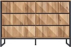 Aosom Komoda se 6 zásuvkami, černý kovový rám a geometrické čela zásuvek, 120 x 40 x 80 cm, přírodní barva