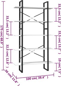 Knihovna s 5 policemi bílá 100 x 30 x 175 cm borové dřevo 3082004