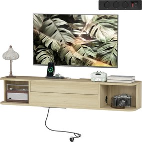 HOMCOM závěsný televizní nábytek, TV stolek pro televizi 127 cm, zásuvka, police, průchodky na kabely, 120x24x22,4 cm, vzhled přírodního dřeva