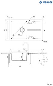 Deante Andante Flush, granitový dřez 780x490x194 mm, 3,5" + prostorově úsporný sifon, 1-komorový, šedá, ZQN_S11F