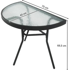 Zahradní půlkruhový stůl se skleněnou deskou ISLAND 70x40 cm, černý