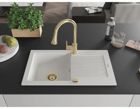 Mexen Pablo, 1-komorový granitový dřez 752x436x161 mm a dřezová baterie Elia, bílá, 6510-20-670101-50