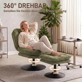 HOMCOM Lounge křeslo s podnožkou, 360° otočné, z Raindrop sametu, výškově nastavitelná podnožka, zelené