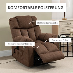 HOMCOM Elektrické televizní křeslo se stojanem Relaxační křeslo s dálkovým ovládáním s napájecím kabelem 58W Hnědá ocel Polyester 92 x 95 x 107 cm