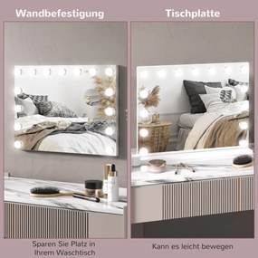 HOMCOM Hollywoodské zrcadlo s osvětlením 58x48cm 15 LED 3 světelné režimy 10x zvětšení přenosný dotykový spínač USB nabíjecí port bílý |