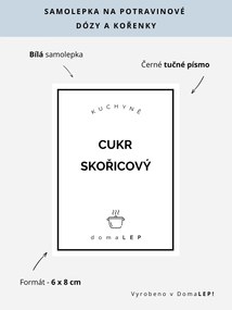 Samolepka na dózu CUKR SKOŘICOVÝ – bílá, 6 × 8 cm, tučné písmo