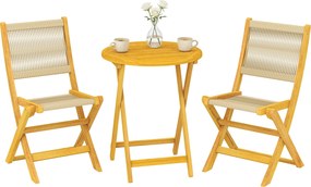 Outsunny 3dílný venkovní bistro set z akáciového dřeva – kulatý stůl + 2 skládací židle s PP provazem, přírodní | Aosom