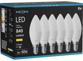 Mexen Nova 6x LED žárovka E14, C37, 8W, Teplá - 3000K, 840 lm - L102-E14-0830-01x06