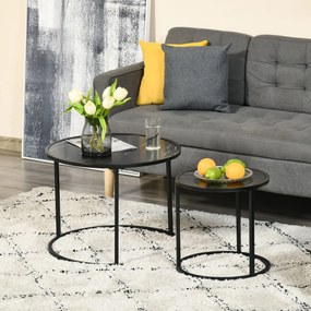 HOMCOM Sada 2 moderních stohovatelných kulatých stolů s deskou z imitace mramoru a ocelovým rámem Ø60x46 cm a Ø40x40 cm černá | Aosom