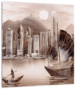 Obraz - Victoria Harbor, Hong Kong, sépiový efekt (30x30 cm)