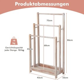 Costway Volně stojící dřevěný věšák na ručníky se 3 věšáky na ručníky