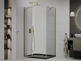 Mexen Roma, sprchový kout s 1-křídlými dveřmi 100 (dveře) x 90 (stěna) cm, 6mm čiré sklo, zlatý profil, slim sprchová vanička 5cm černá, 854-100-090-50-00-4070G
