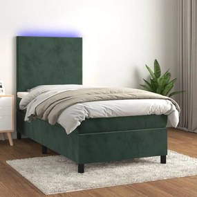 Box spring postel s matrací a LED tmavě zelená 90x200 cm samet 3135984