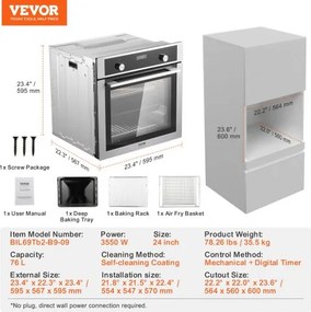 Jednostěnná trouba 61 cm elektrická vestavěná nástěnná trouba 9 funkcí 75,9 l