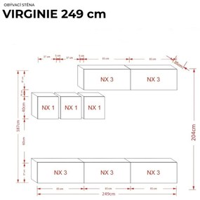 Ral Obývací stěna VIRGINIE 3, 249 cm - Černý lesk