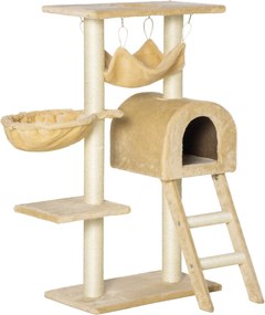 Kočka Škrabací Strom PawHut, Výška 98 cm, Lezení, S Úkrytem, Houpací Síť, Žebřík, Platformy a Přírodní Sisalové Sloupky 54x29,5x98 cm Béžová | Aosom