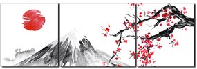 Obraz na plátně - Tradiční sumi-e obraz: sakura, slunce a hory - panoráma 5271C (90x30 cm)