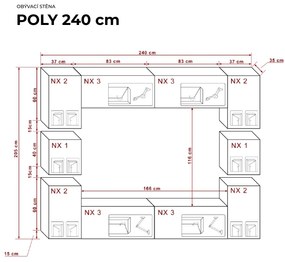 Ral Obývací stěna POLY 2, 240 cm - Černý lesk