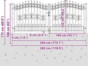 Plotová branka KAMPEN s kopím nahoře černá 302 x 125 cm ocel 151096