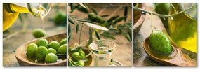 Gario Sada obrazů na plátně Olivový olej a zelené olivy - 3 dílná Rozměry: 90 x 30 cm