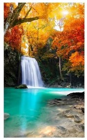 DIMEX | Vliesová fototapeta na zeď Vodopád uprostřed lesa MS-2-0083  | 150 x 250 cm | tyrkysová, hnědá, žlutá, červená