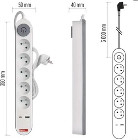 Prodlužovací kabel EMOS Fast Charging, 5x zásuvka, 1×USB-A + 1×USB-C vypínač, 3m, bílý