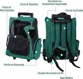 PawHut 2v1 nosič pro domácí mazlíčky - batoh nebo vozík na cestování pro psy a kočky s 2 koly, sklopná hliníková rukojeť a kapsy 42x25x55 cm Zelená