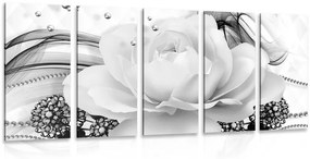 5-dílný obraz luxusní růže v černobílém provedení - 200x100 cm