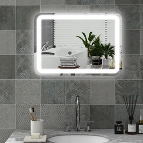 HOMCOM koupelnové zrcadlo, osvětlené, dotykové ovládání, proti zamlžení, stmívatelné, 3 barvy světla, 70x90, stříbrná